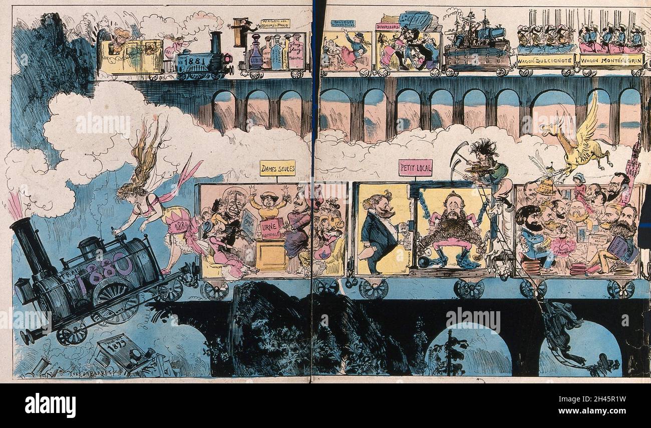 A steam train on a line at a station with passengers travelling ...