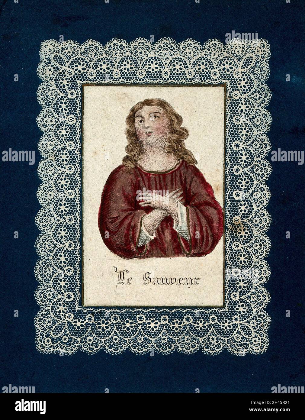 Christ as Saviour. Coloured stipple engraving with cyanotype border ...