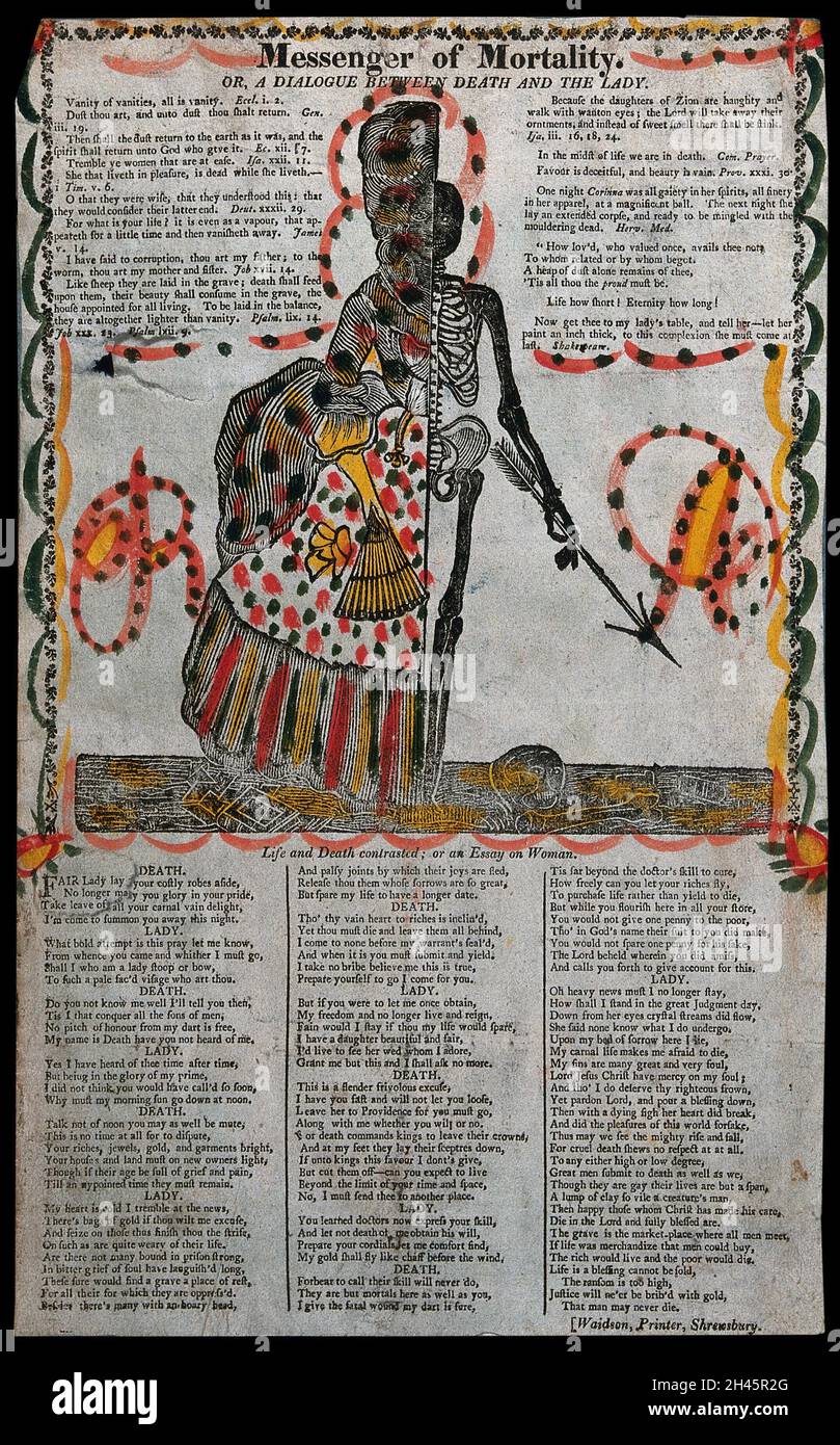 A woman depicted as half human and half skeleton. Woodcut and ...