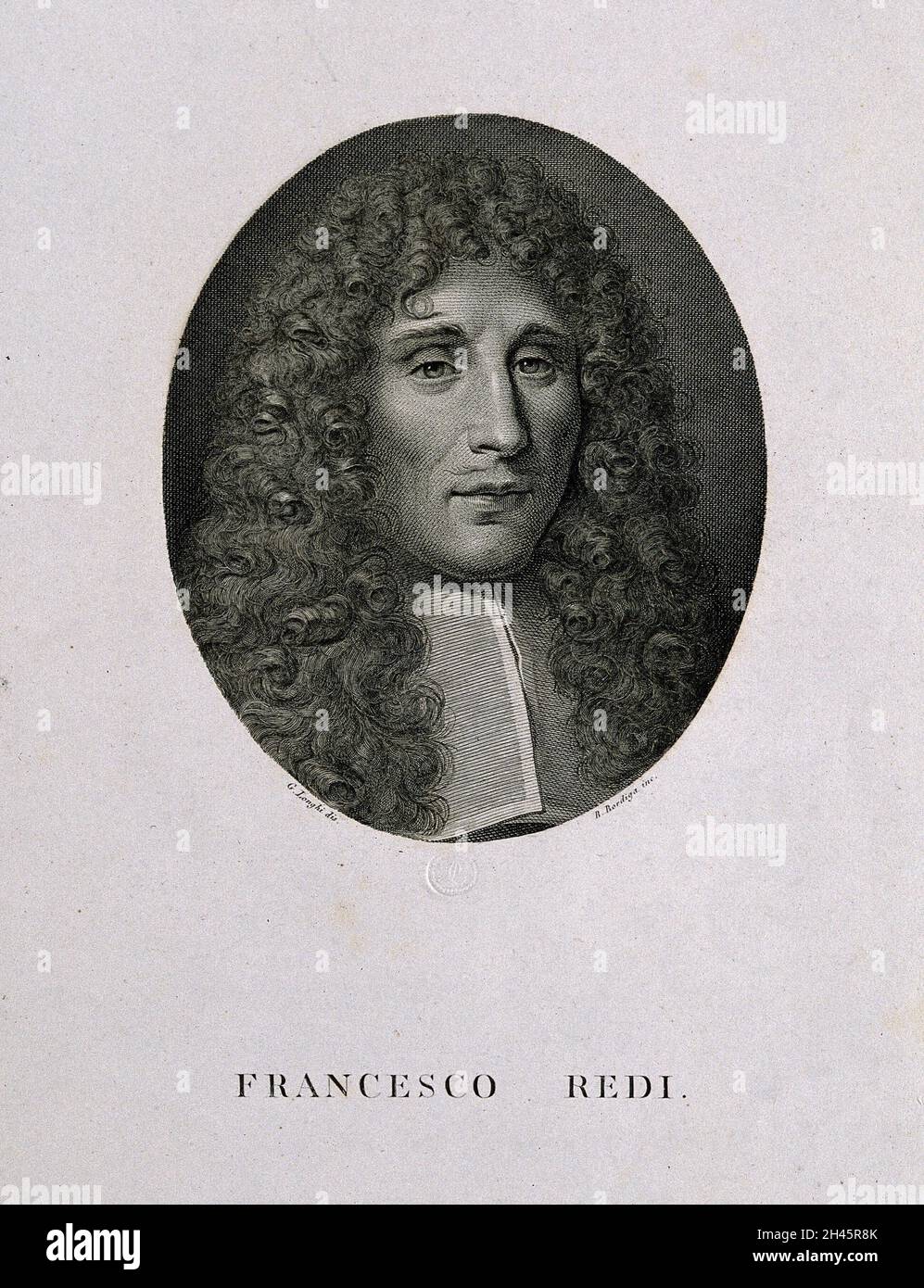 Francesco Redi. Line engraving by B. Bordiga after G. Longhi Stock ...