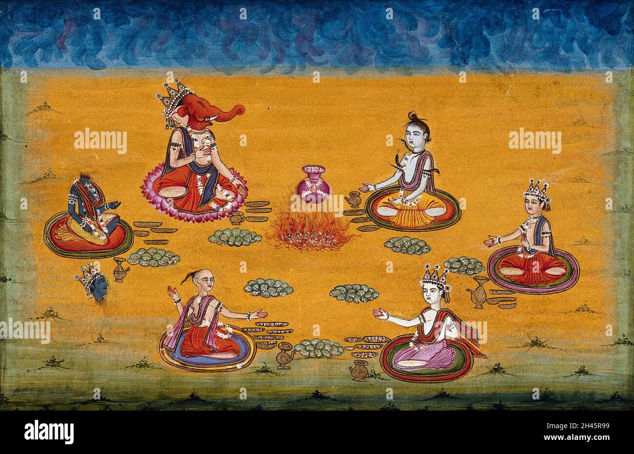 Ganesha, along with five other priests and deities or Kings (?), one ...