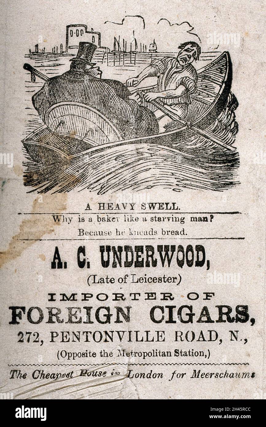 Comic sketch of a fat man being rowed in a boat with the name of cigar ...