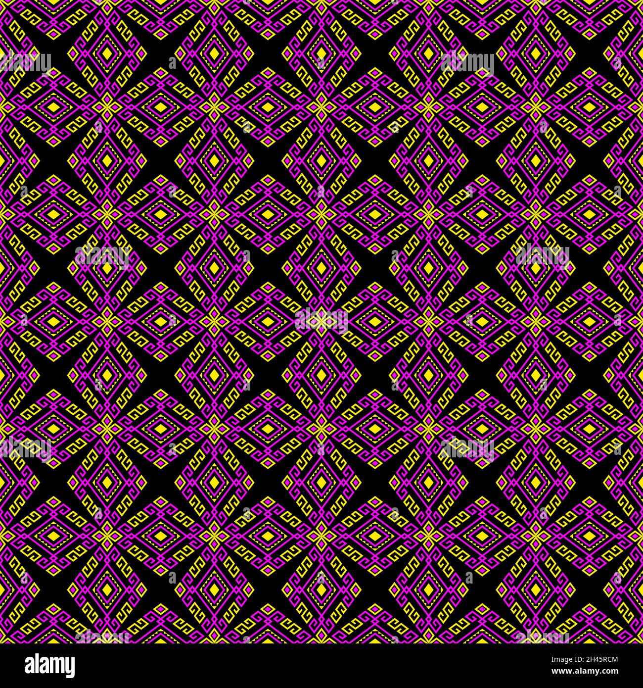Magenta Yellow Tribal or Native Seamless Pattern on Black Background in ...