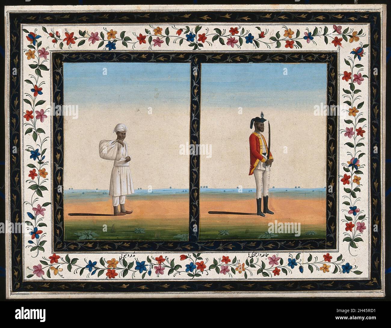 Left, a dhobi (washer man) (?) holding a bundle tied in cloth; right, a ...