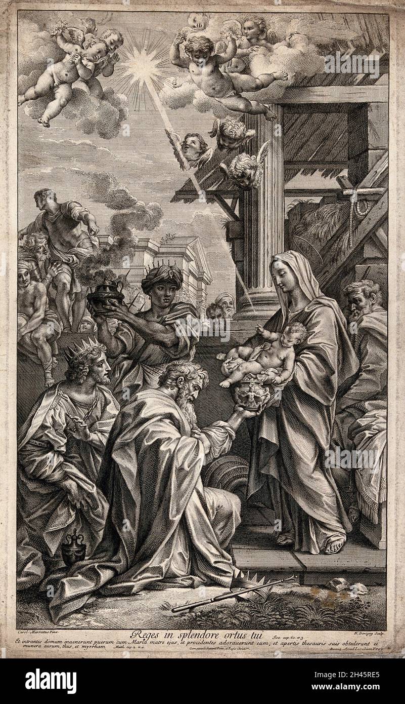 The three kings bring offerings to the infant Jesus. Engraving by N ...