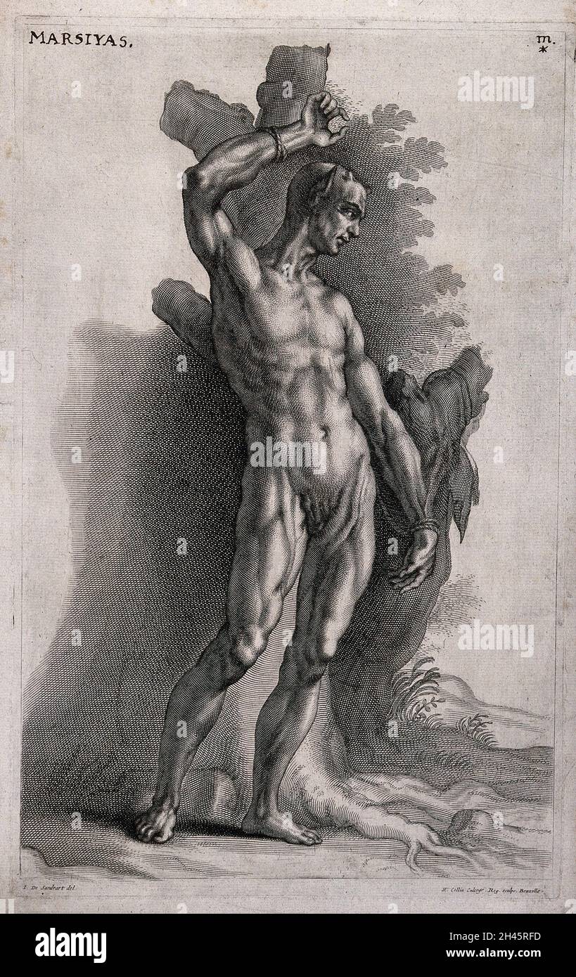 The flayed Marsyas is tied to a tree with his skin hanging over a ...