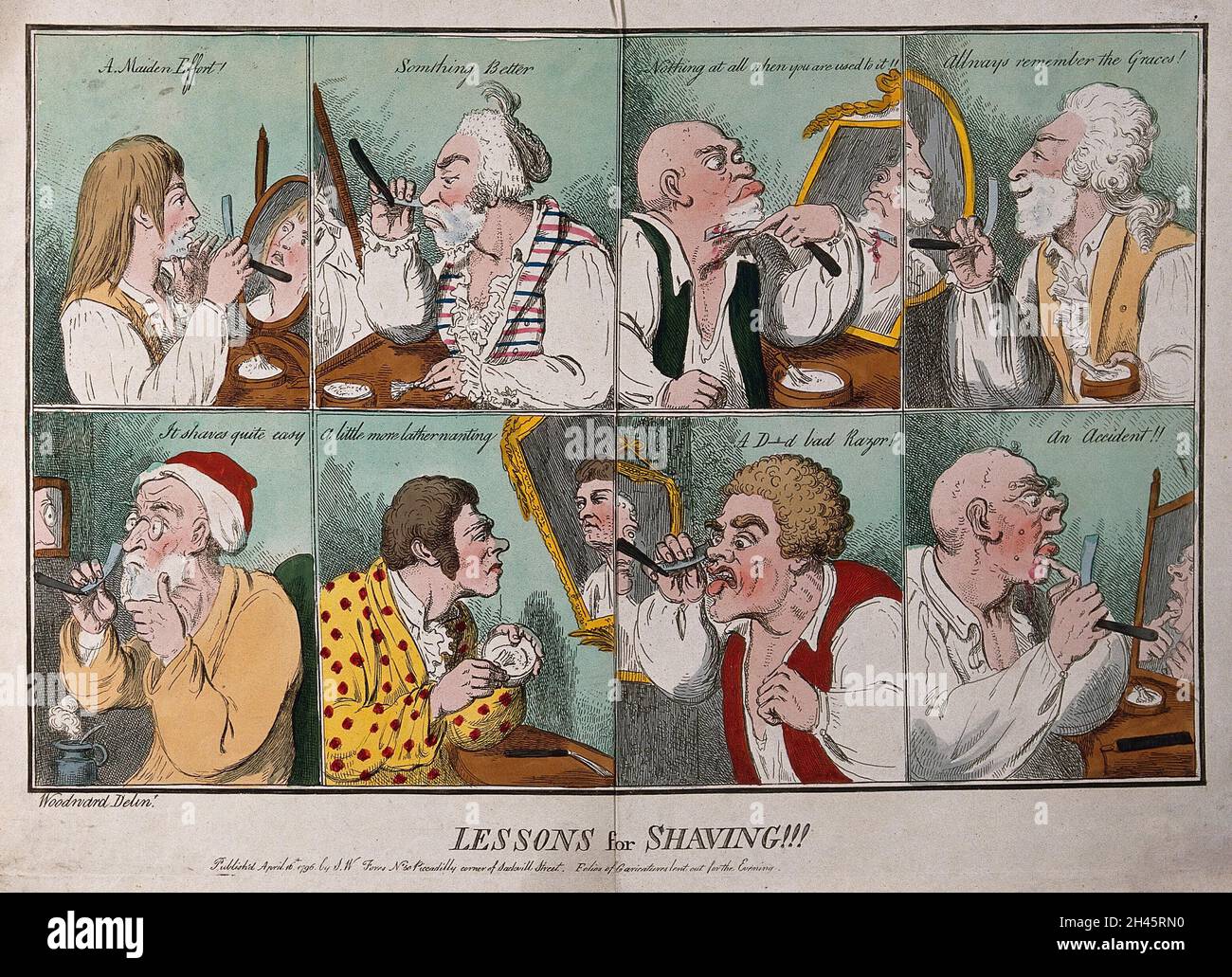 A sequence of eight images showing men shaving. Coloured etching, 1796 ...