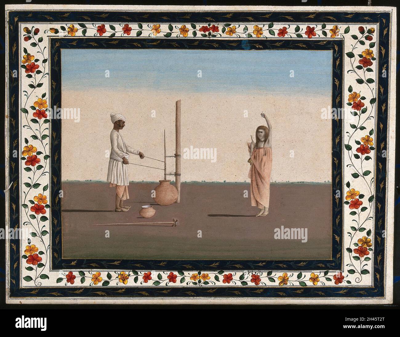 A man churning milk, whilst a sadhu (holy man) stands in front of him ...