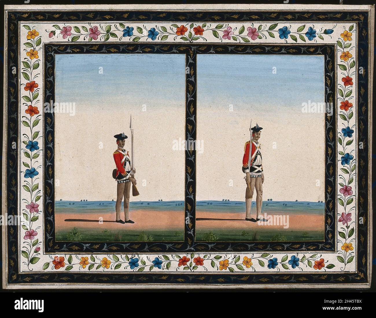 Two sepoys (native soldiers) holding their rifles. Gouache painting by ...