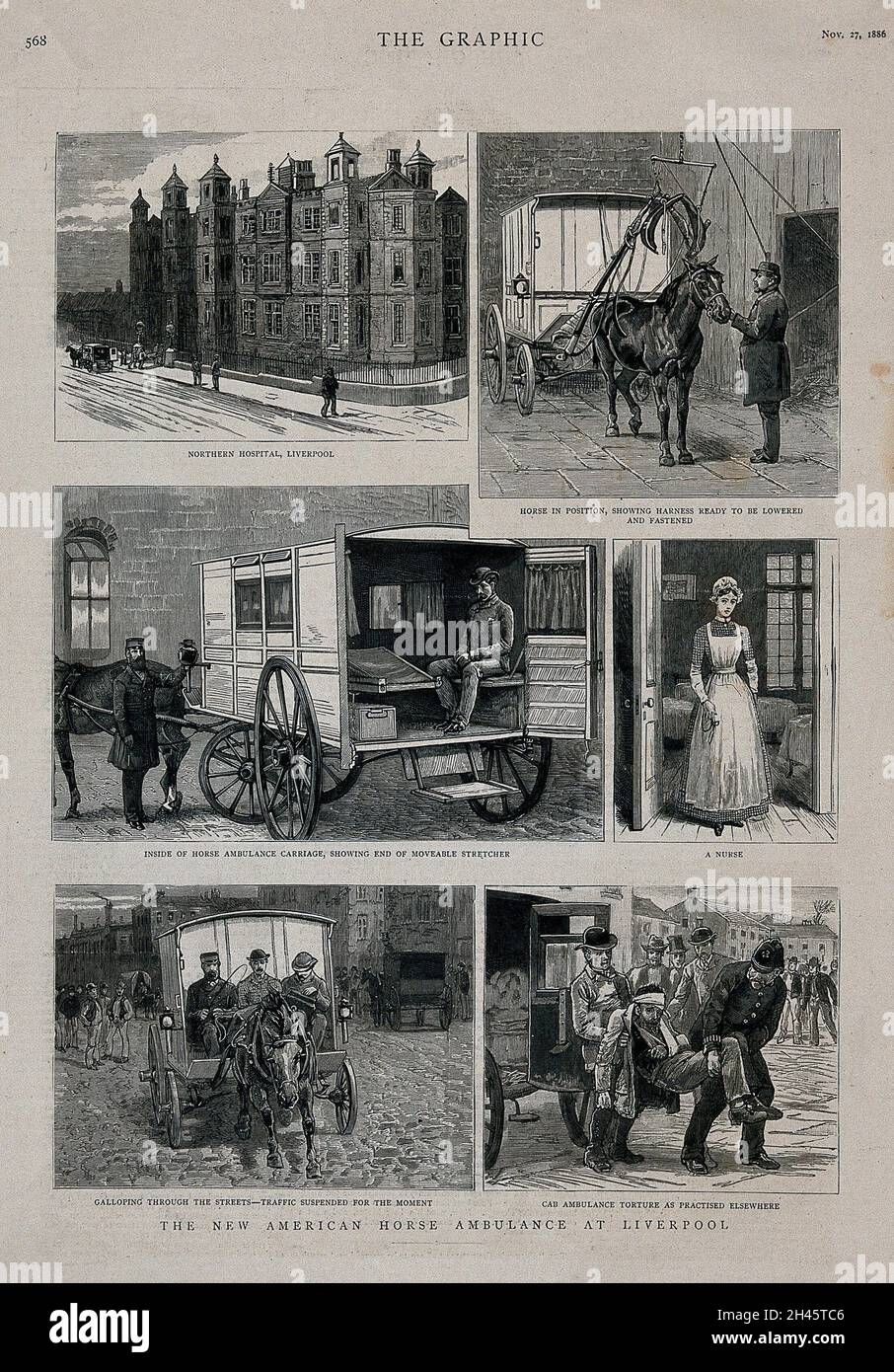 Scenes showing an American style horse ambulance at work in Liverpool ...