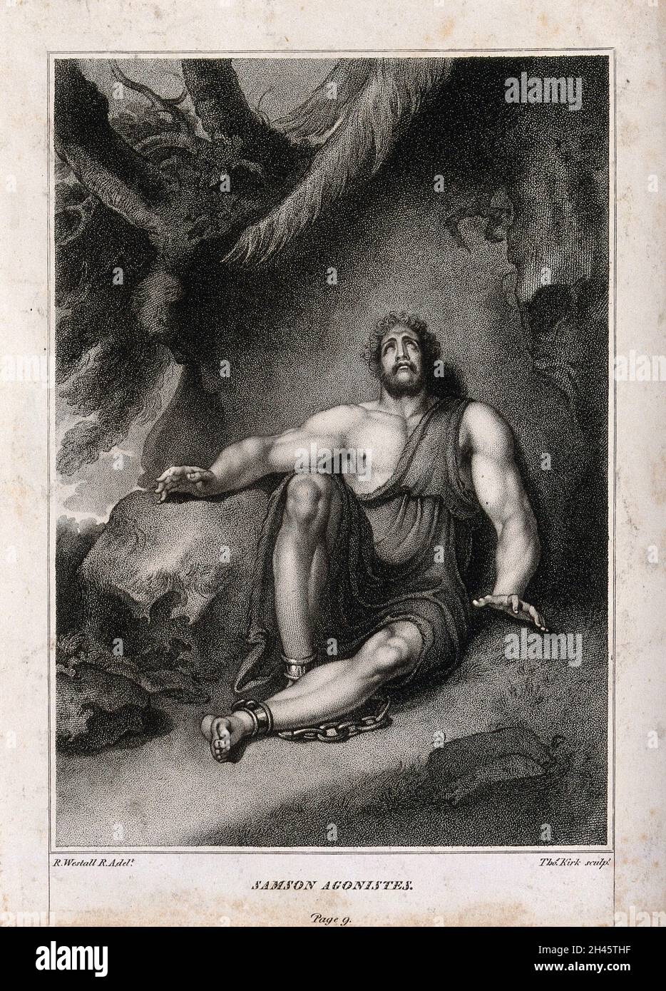 A fettered Samson sits blind and distraught in a gloomy clearing ...