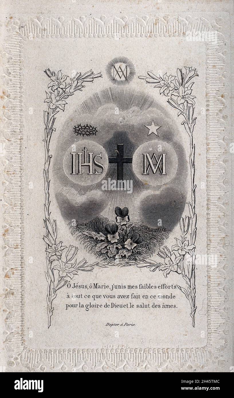 Symbols of Mary (the Blessed Virgin) and Christ. Engraving Stock Photo ...