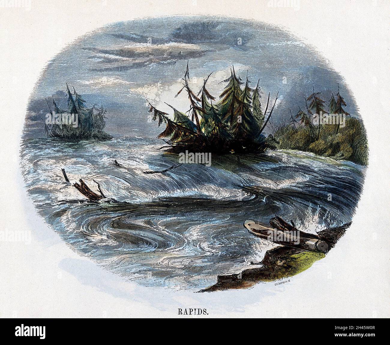 Geography: rapids in North America. Coloured wood engraving by C ...