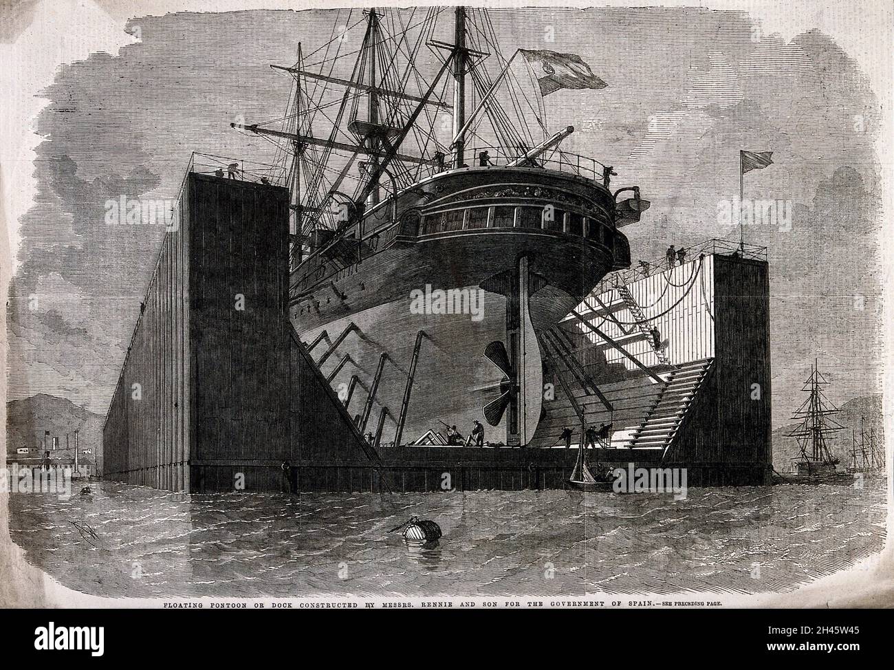 Civil engineering: a floating dock in Spain. Wood engraving, 1862 Stock ...