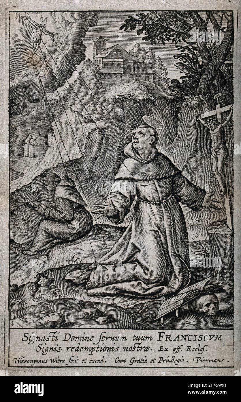 Saint Francis of Assisi, kneeling in front of a crucifix, receiving the ...