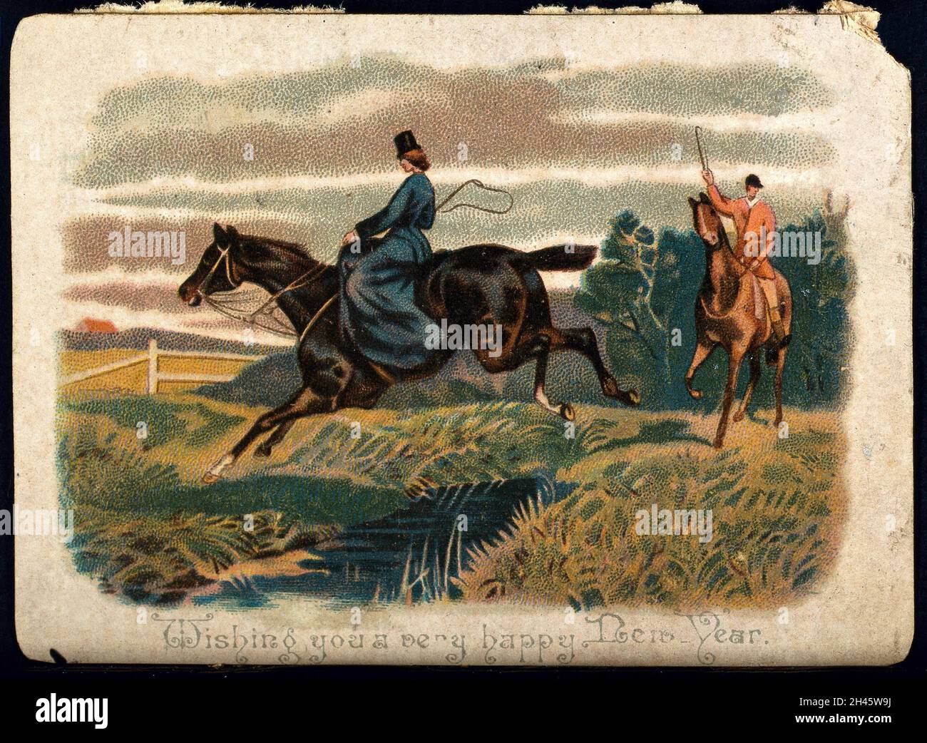 A lady jumping with her horse over a brook with a gentleman following ...