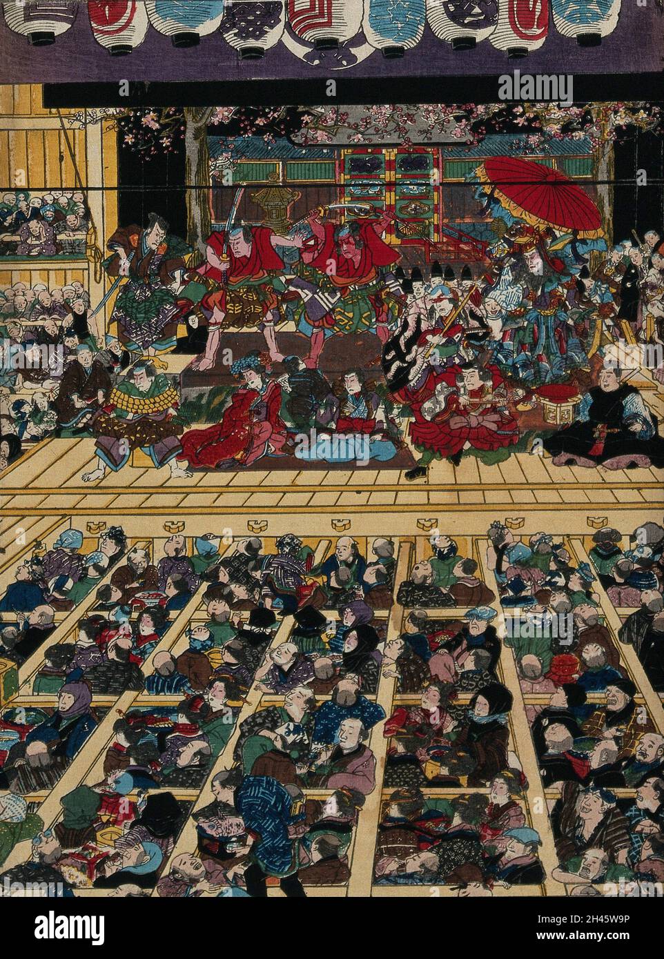 Interior of a Kabuki theatre while a performance is in progress. Colour ...