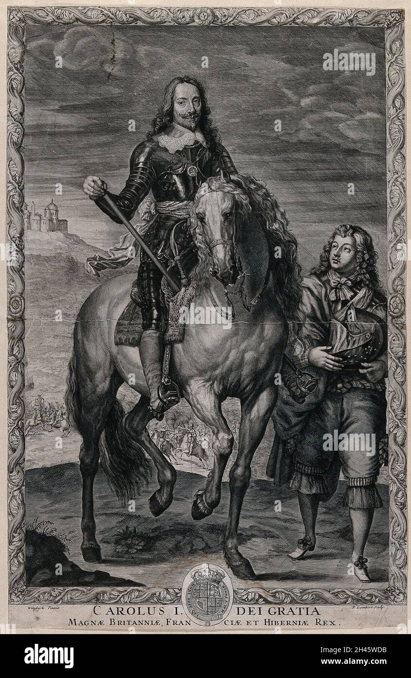 King Charles I on horseback wearing armour, a page at his side is ...