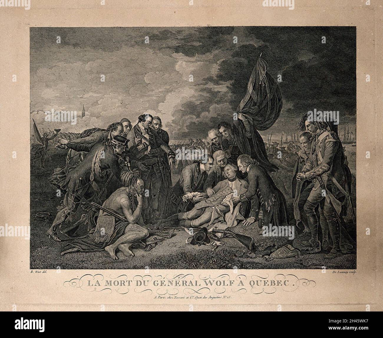 The death of General Wolfe, at Quebec, in the background are soldiers ...