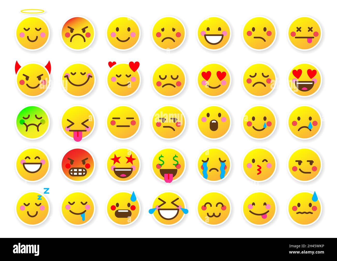 Emoji face sticker mood web badge yellow flat set. Cheerful and sad ...