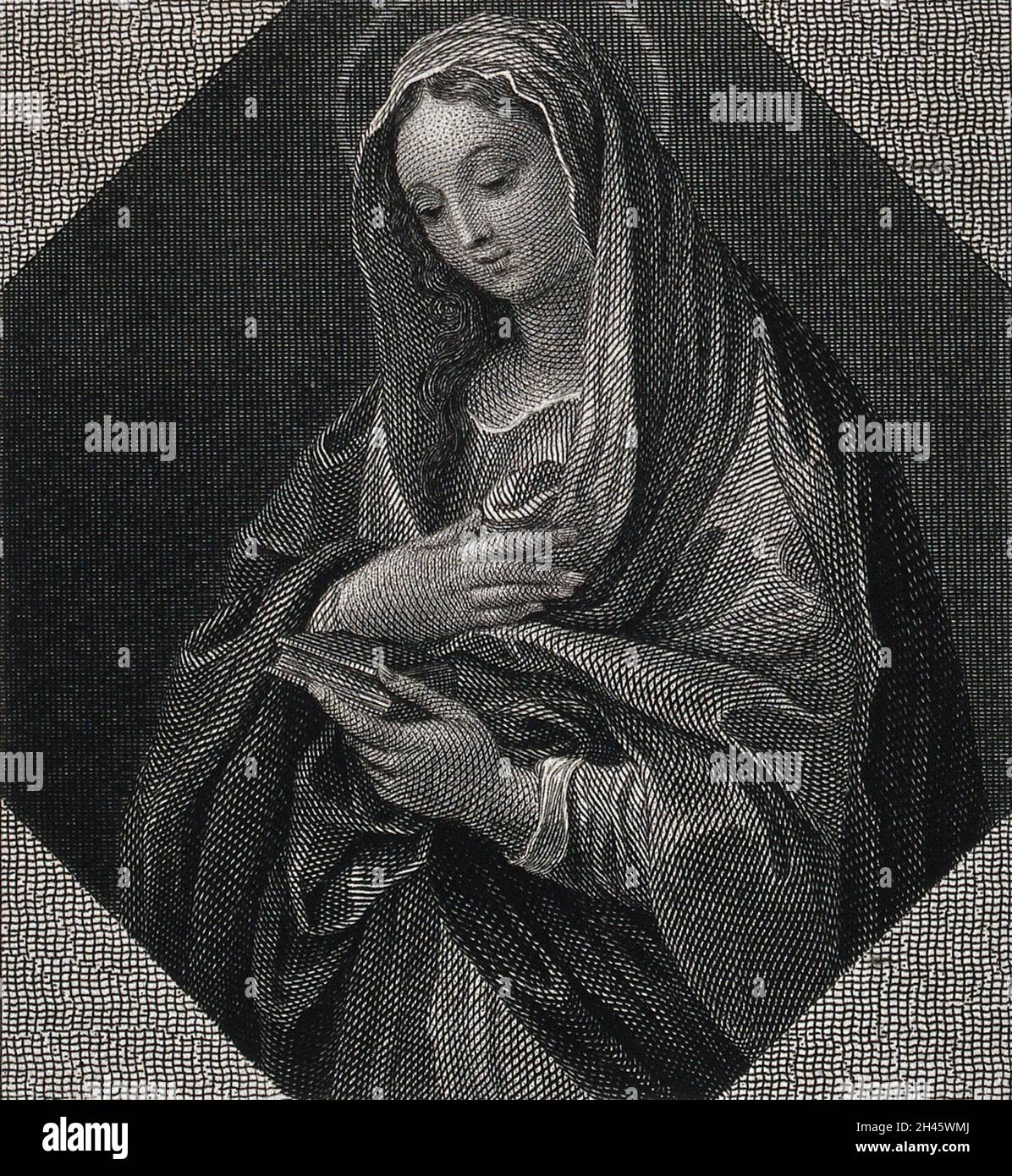 Saint Mary (the Blessed Virgin). Etching after O. Marinari Stock Photo ...