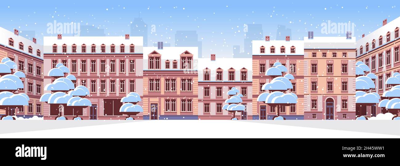 winter city street with modern houses exterior urban buildings facade ...