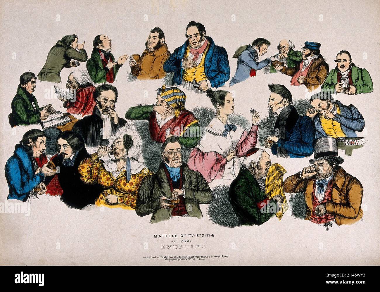 Different types of snuff takers. Coloured lithograph by W. Clerk after ...