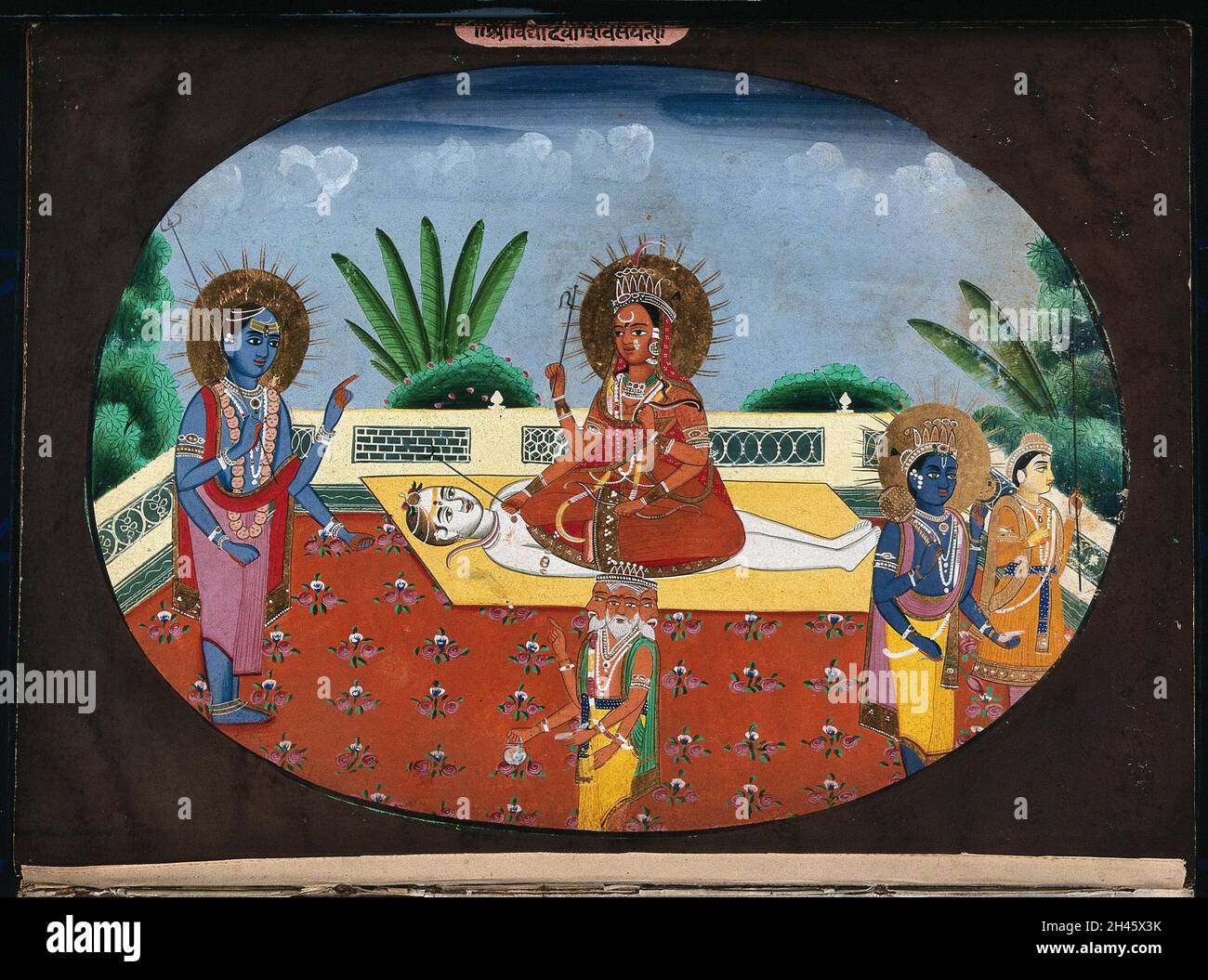 Devi sitting on top of a prostrate Shiva, with a manifestation of Shiva ...