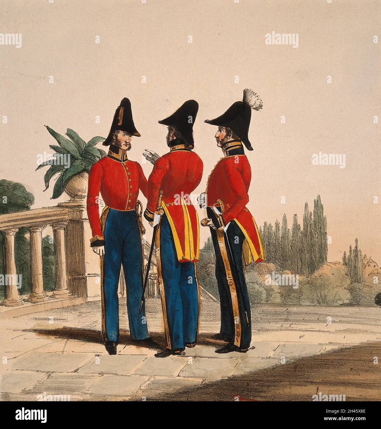 Three uniformed German army officers conversing on a balcony in ...