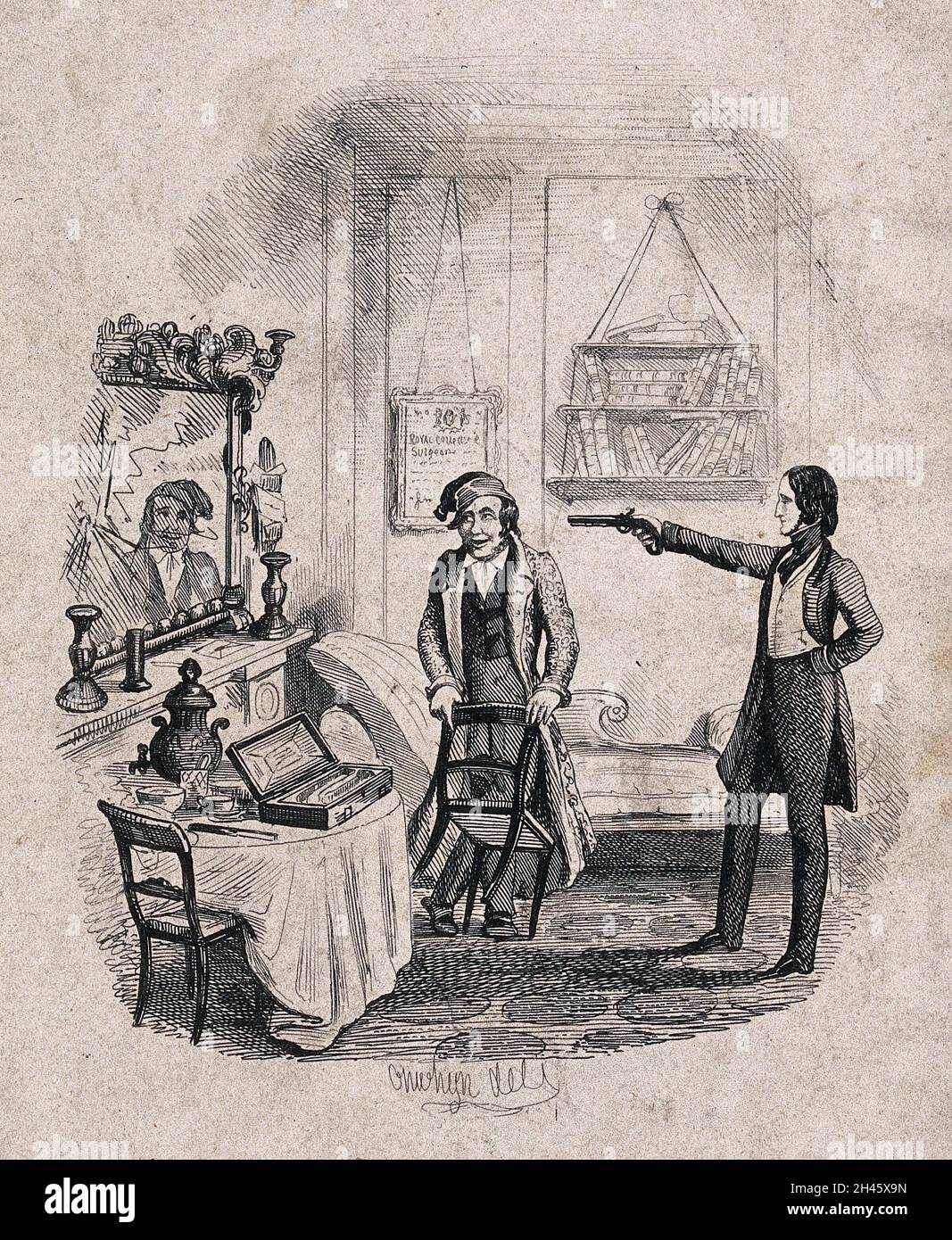 Sylvester Sound aiming a pistol at a broken mirror. Etching by T ...