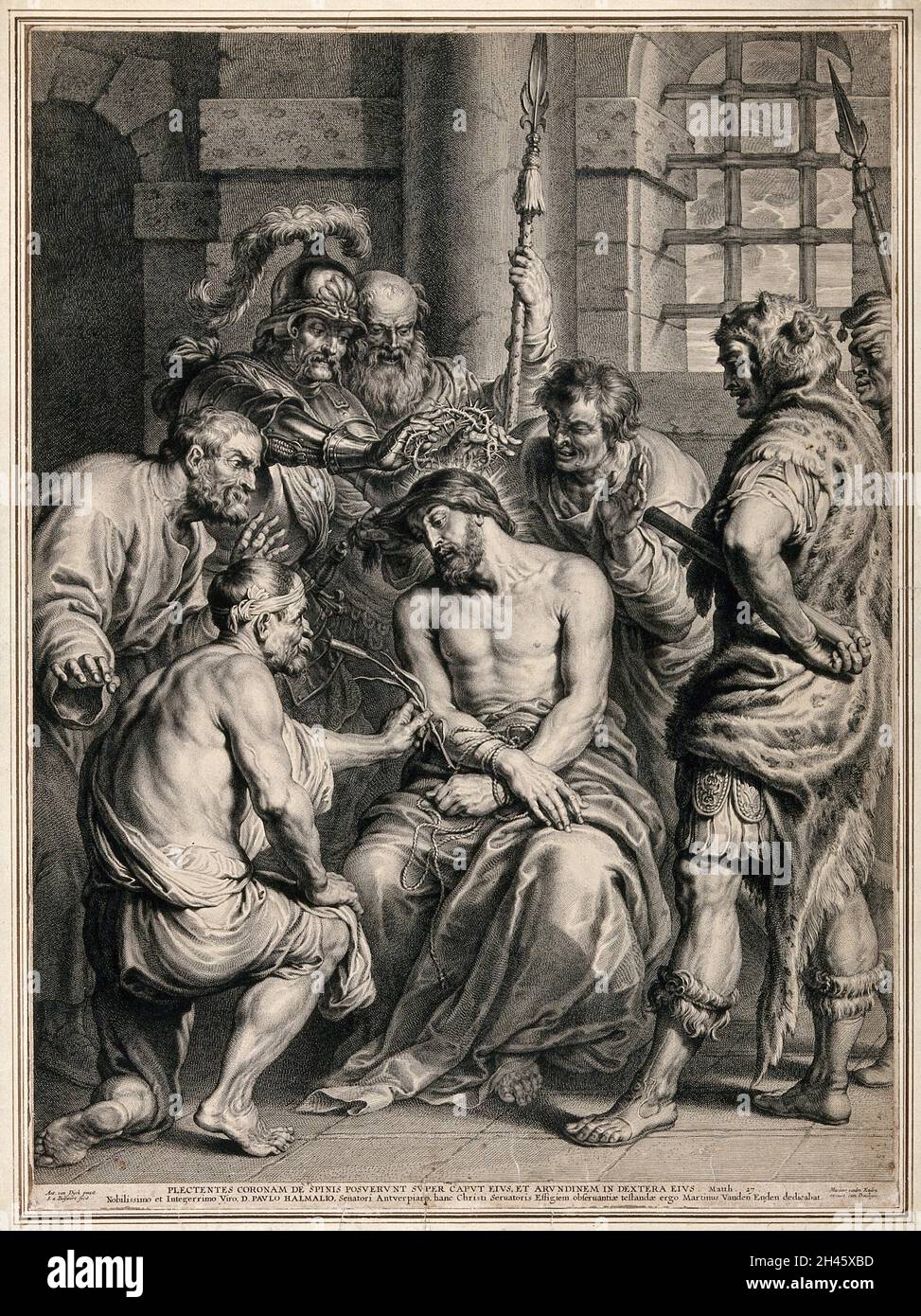 The mocking and flagellation of Christ; he is crowned with thorns and ...