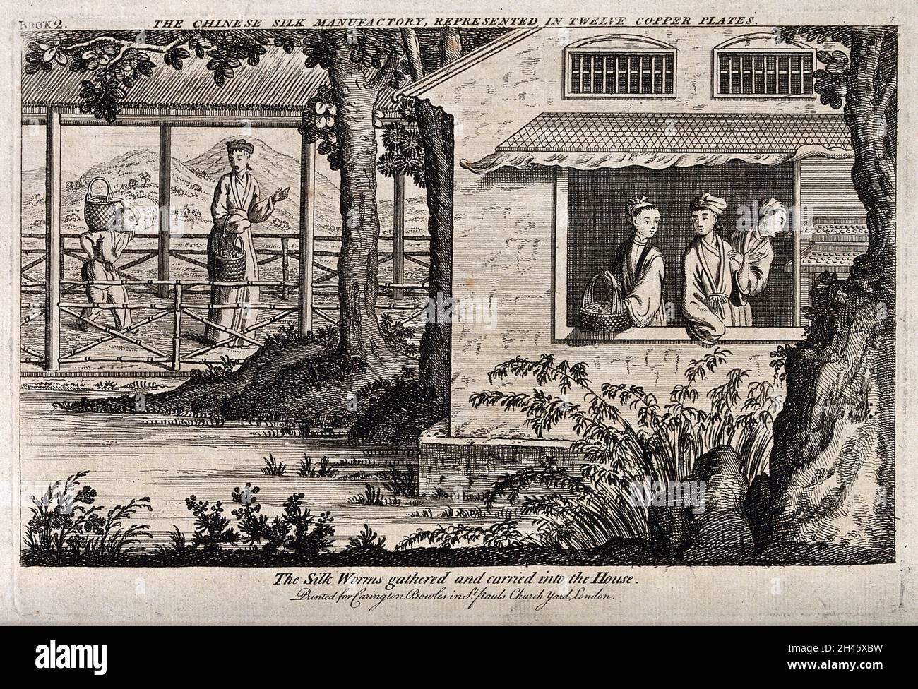 Textiles: silk manufacture in China, gathering the eggs. Engraving ...