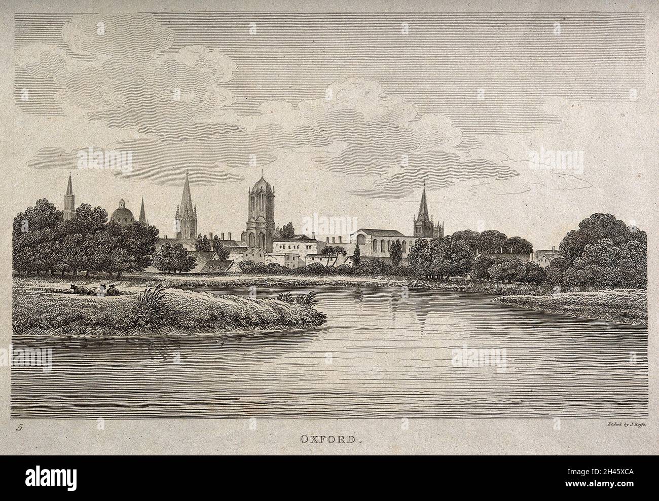 City of Oxford: view from the Cherwell. Etching by J. Roffe Stock Photo ...
