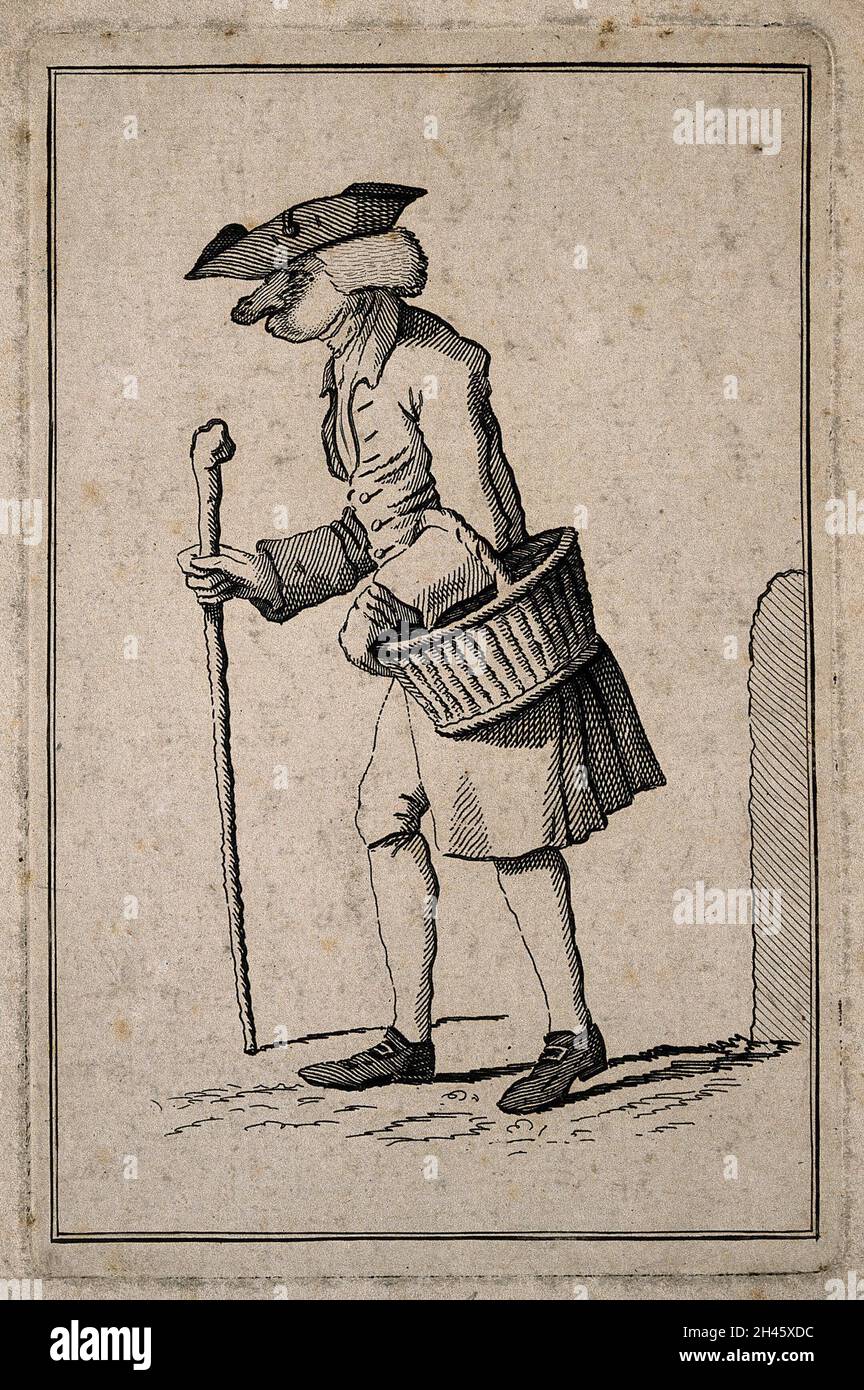 Philip Winterflood, walking with stick and basket. Etching Stock Photo ...