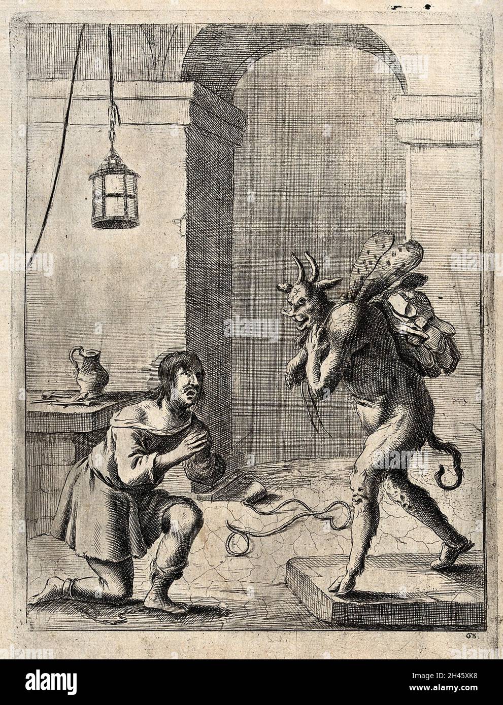 A man in prison praying to the devil to have him released. Etching by D ...