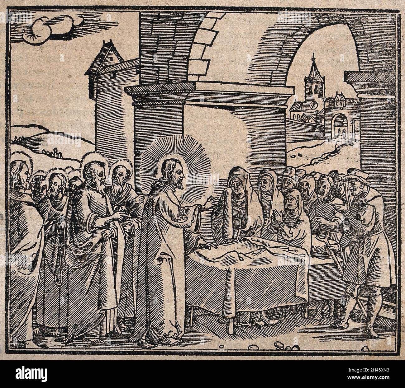 Christ raises Jairus' daughter. Woodcut Stock Photo - Alamy
