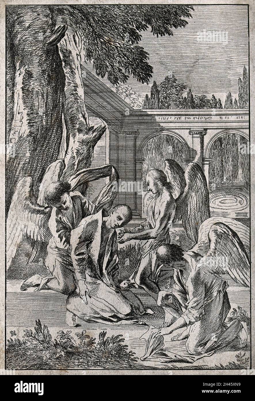 Three angels administering to an old man. Etching Stock Photo - Alamy