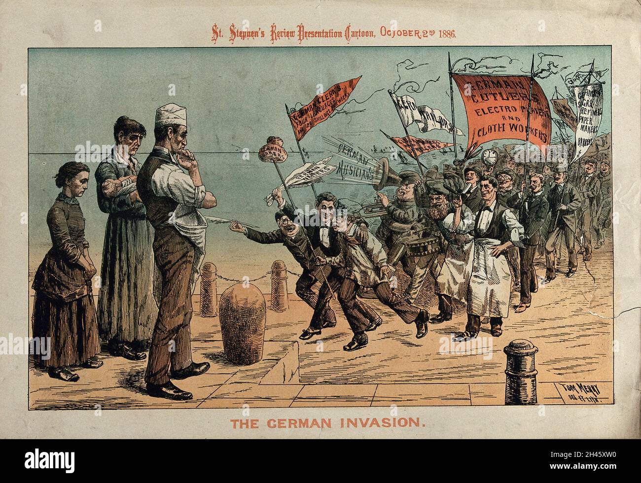 A British family is gloomily looking at a procession of German workmen ...