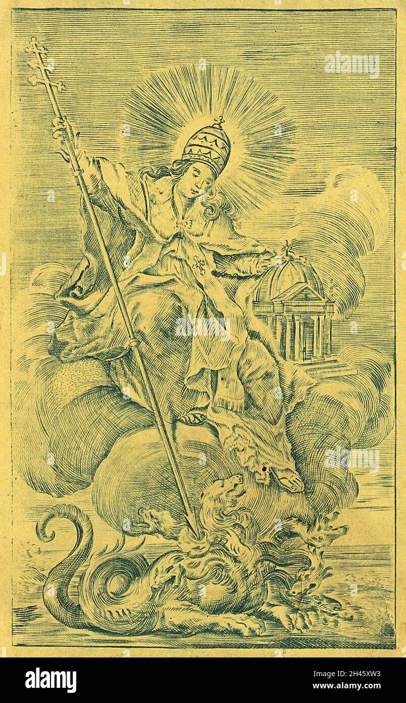 A pope with a model of St Peter's enthroned on clouds, threatening a ...