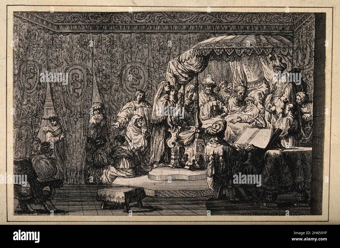 A death-bed scene of man being read his last rites surrounded by his ...