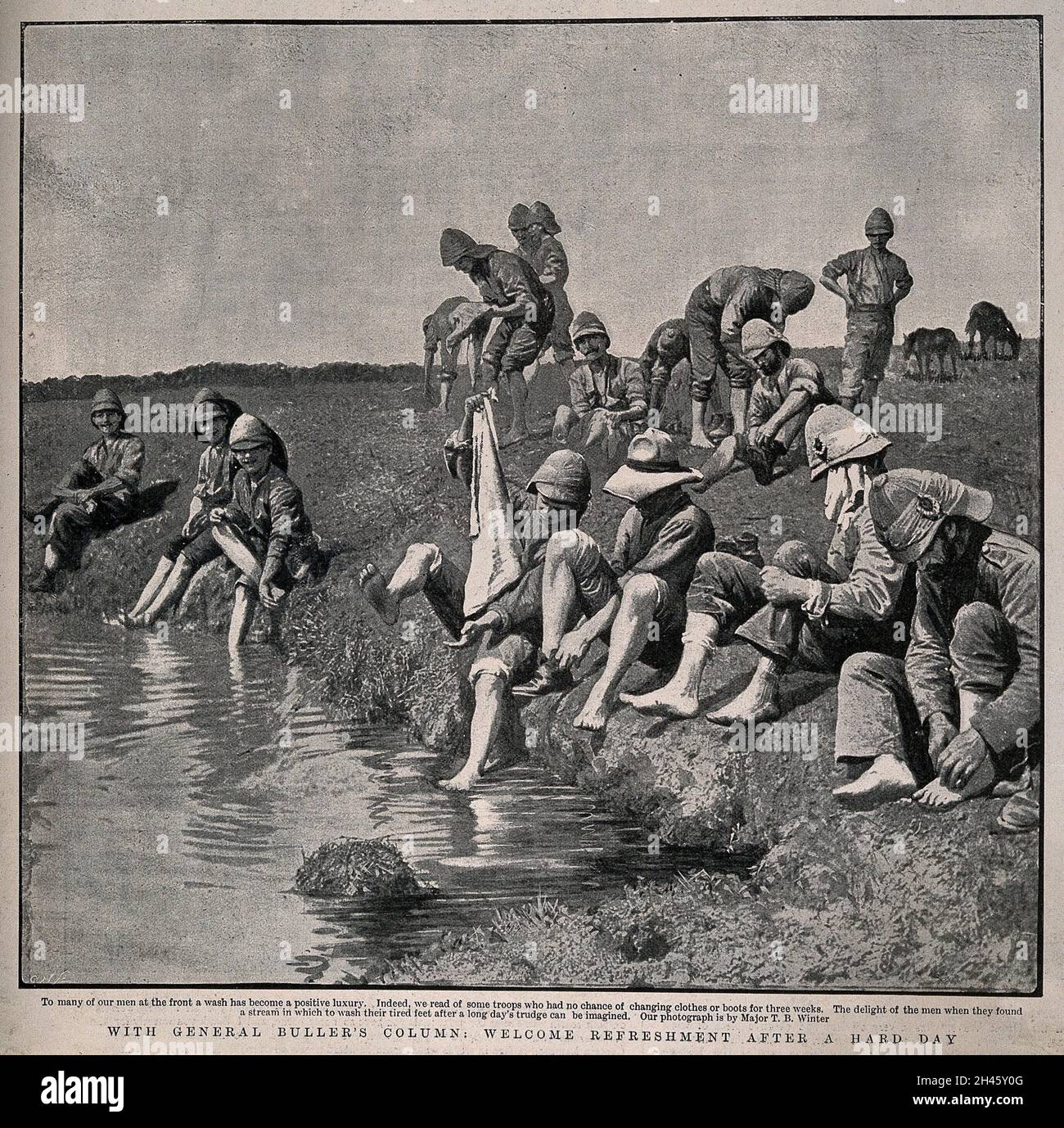 Boer War: soldiers washing their feet in a stream. Halftone, c.1900 ...