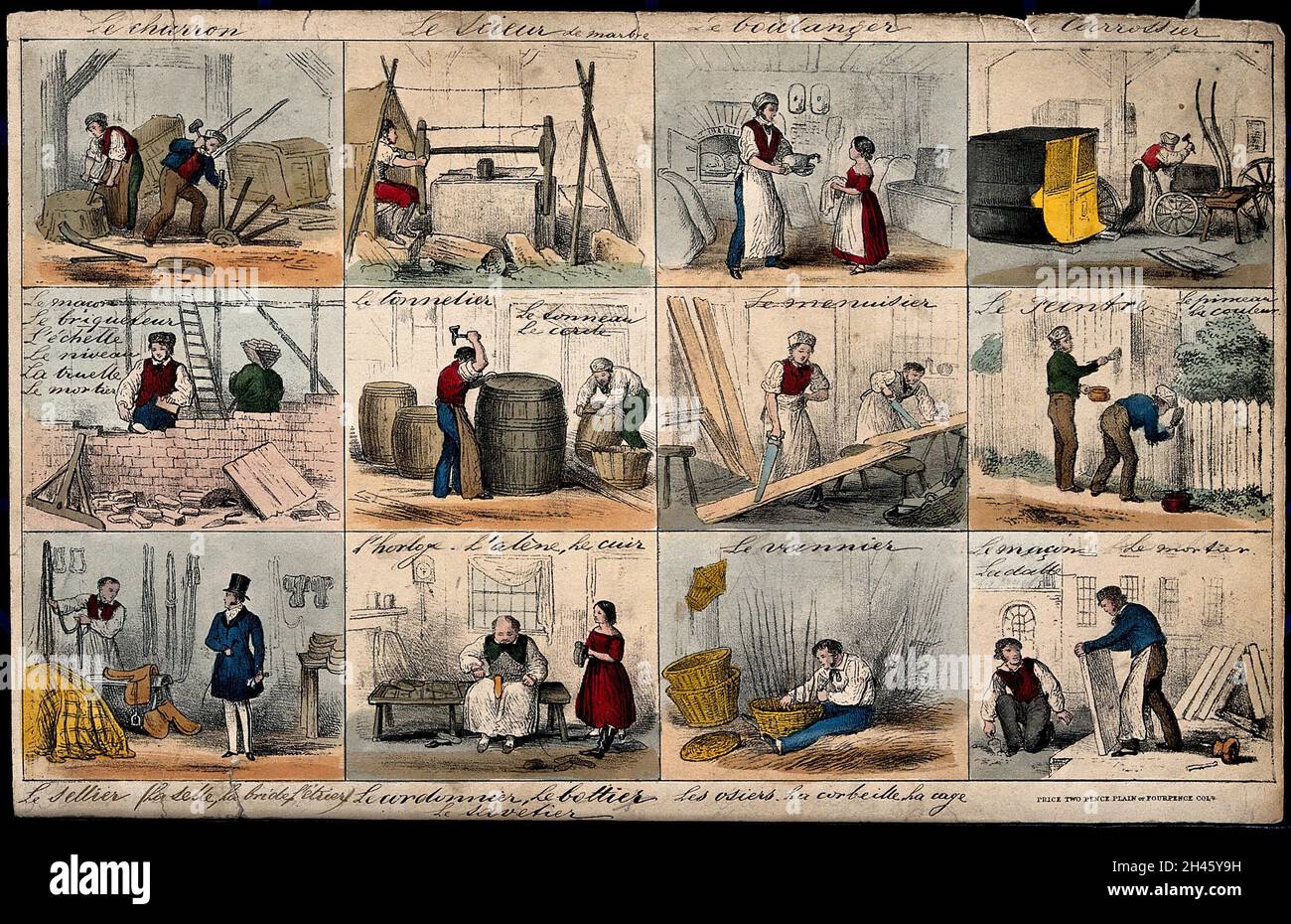 Men and women performing different trades. Coloured lithograph Stock ...