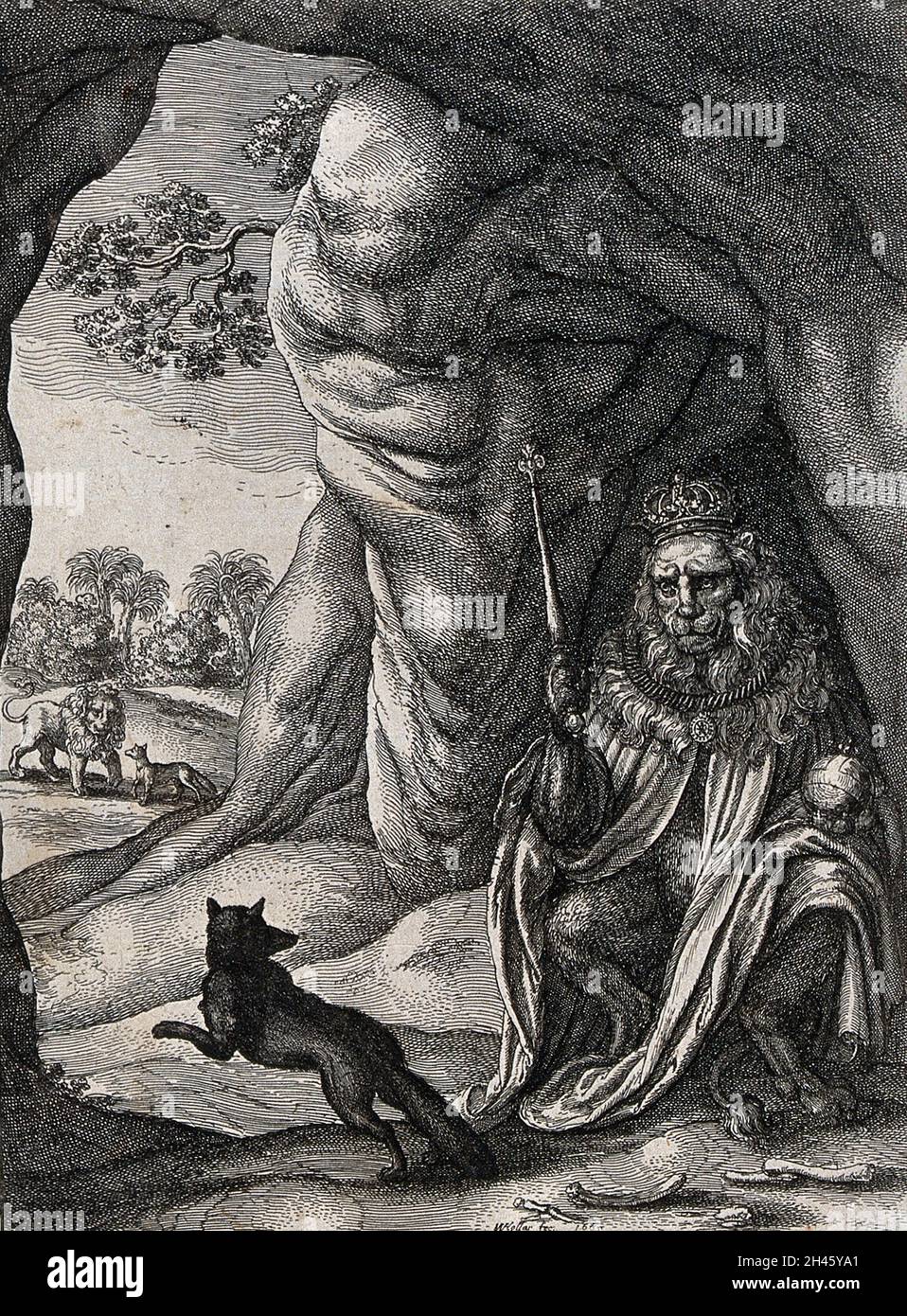 A fox is running away from a lion dressed in regal robe sitting in a ...