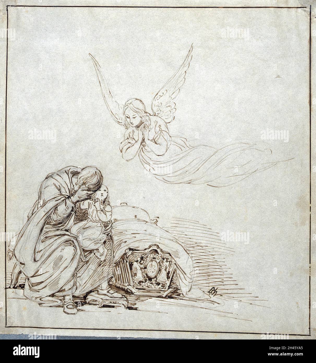 A grief-stricken widower holds his child while the spirit of its mother ...