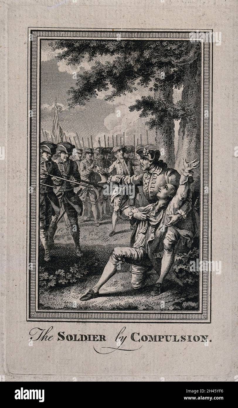 A soldier protects an unarmed man from approaching soldiers. Engraving ...