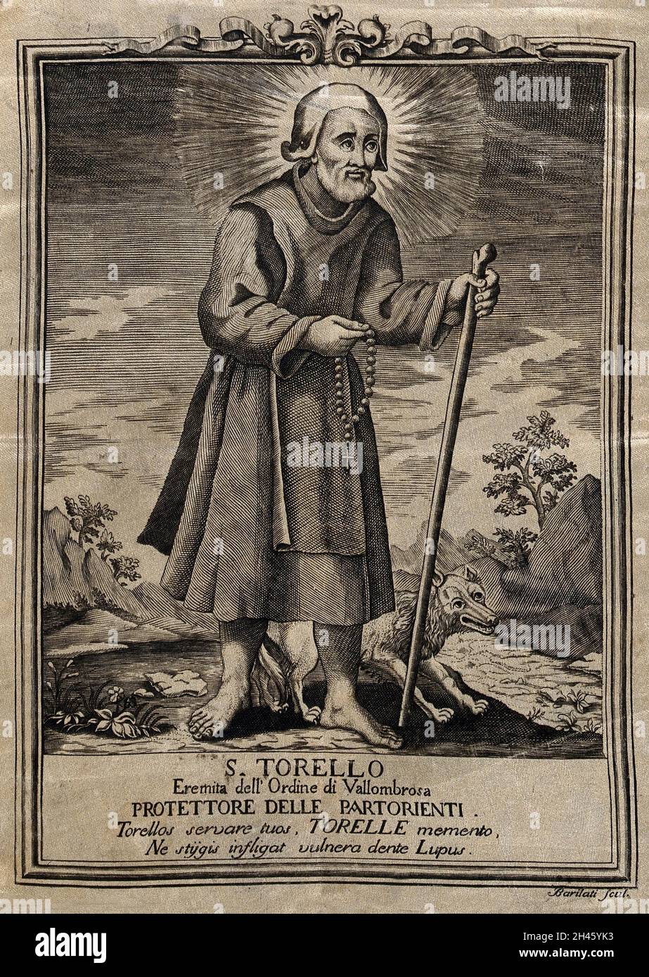 Saint Torello. Engraving on silk by Barilati Stock Photo - Alamy