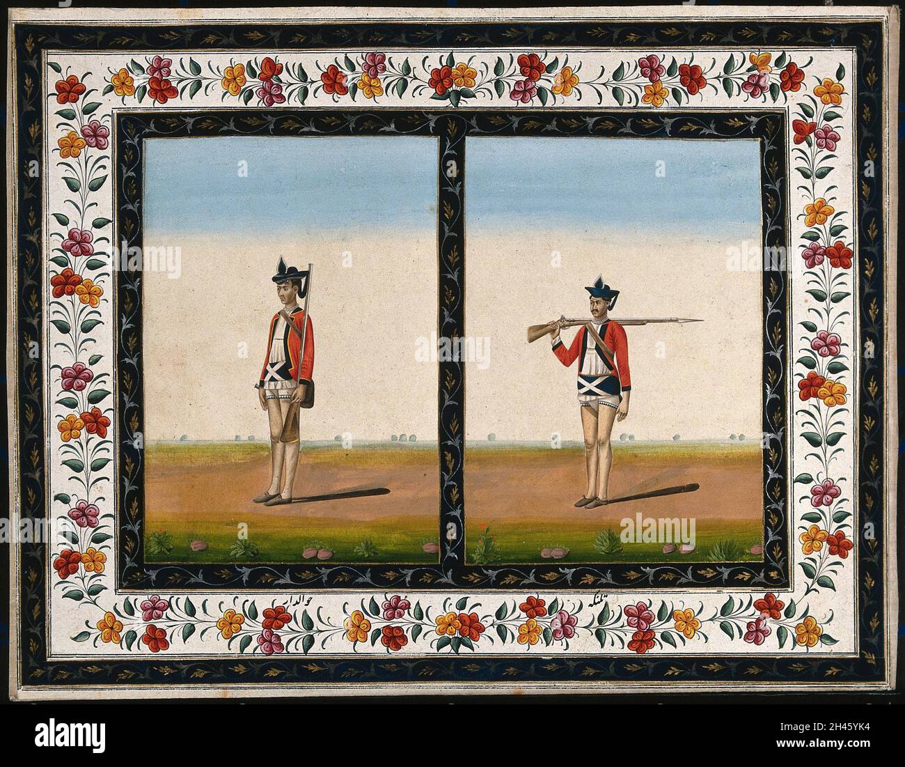 Two sepoys in British uniform: (left) standing to attention, (right ...
