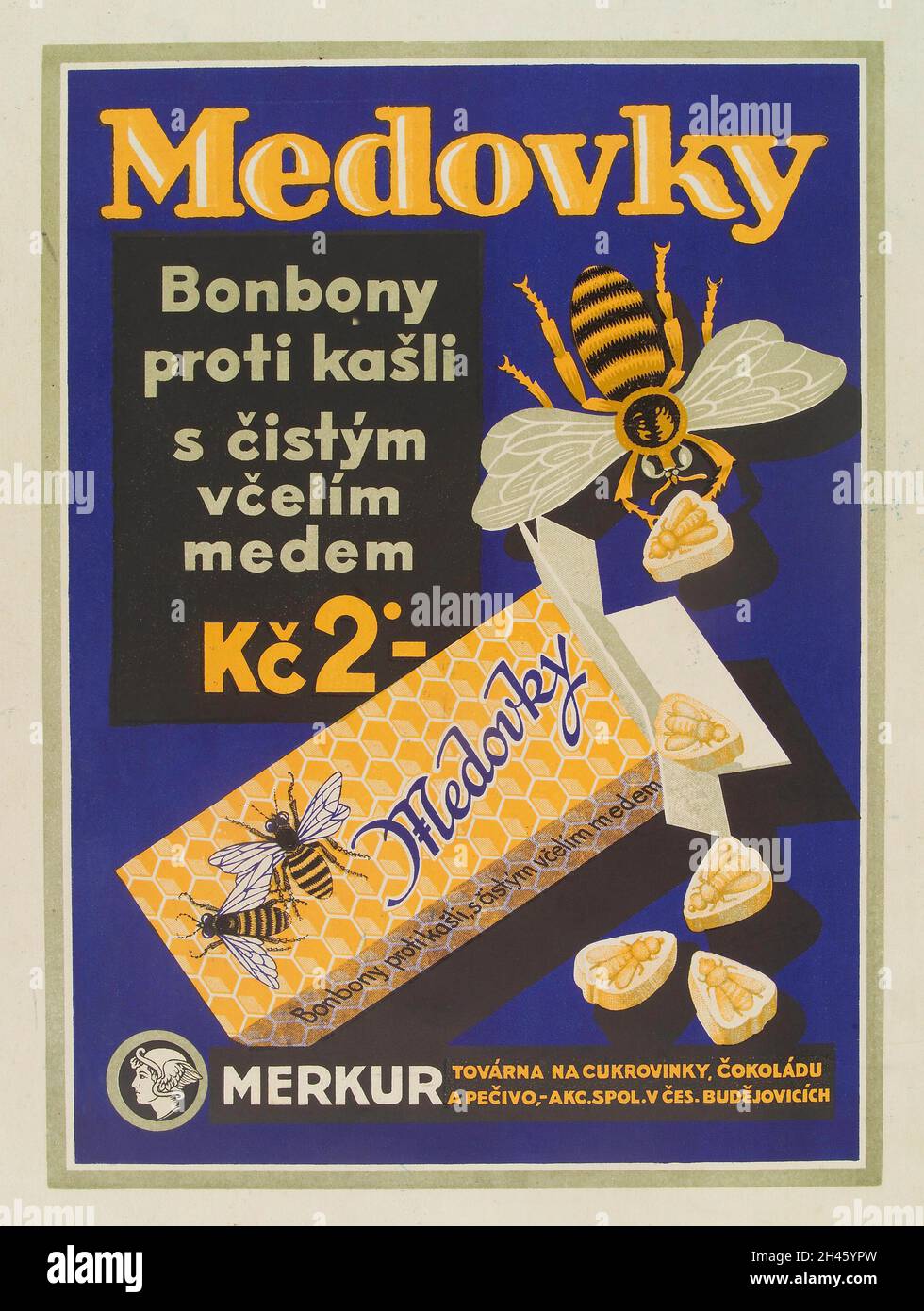 Honey-flavoured cough sweets in the form of bees. Colour lithograph, ca ...