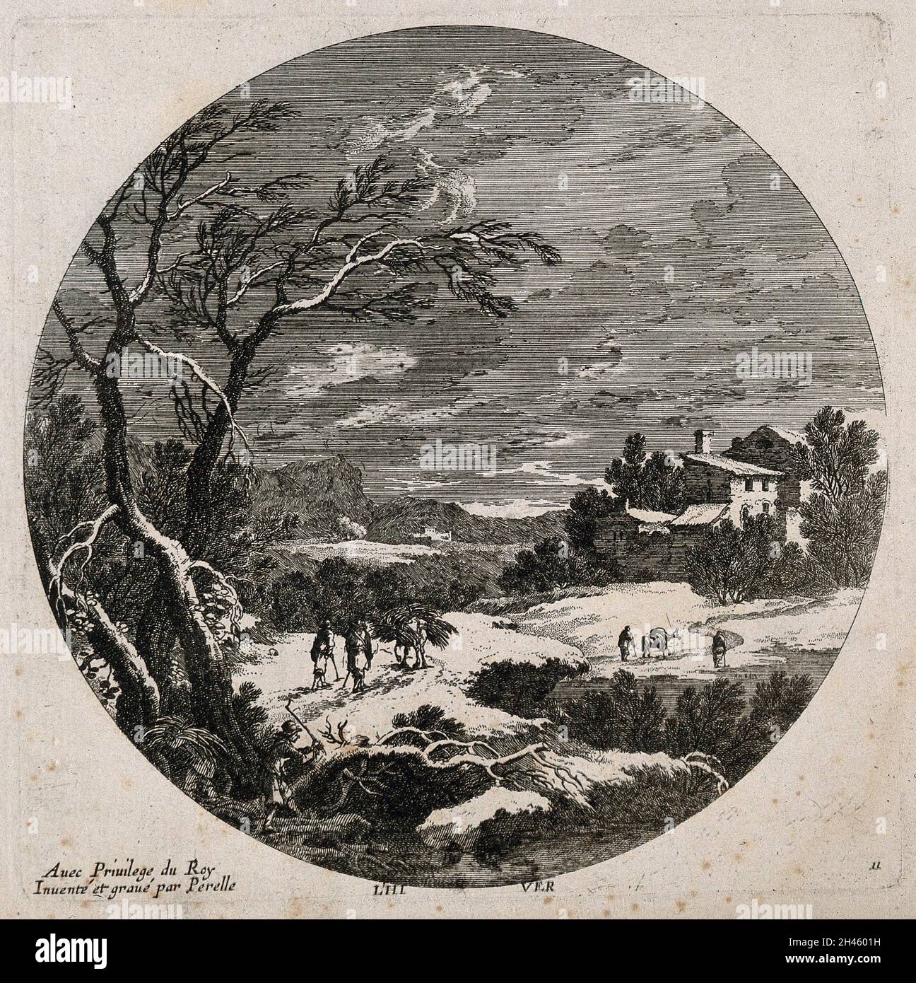 People walking through snow with a donkey carrying wood; representing ...