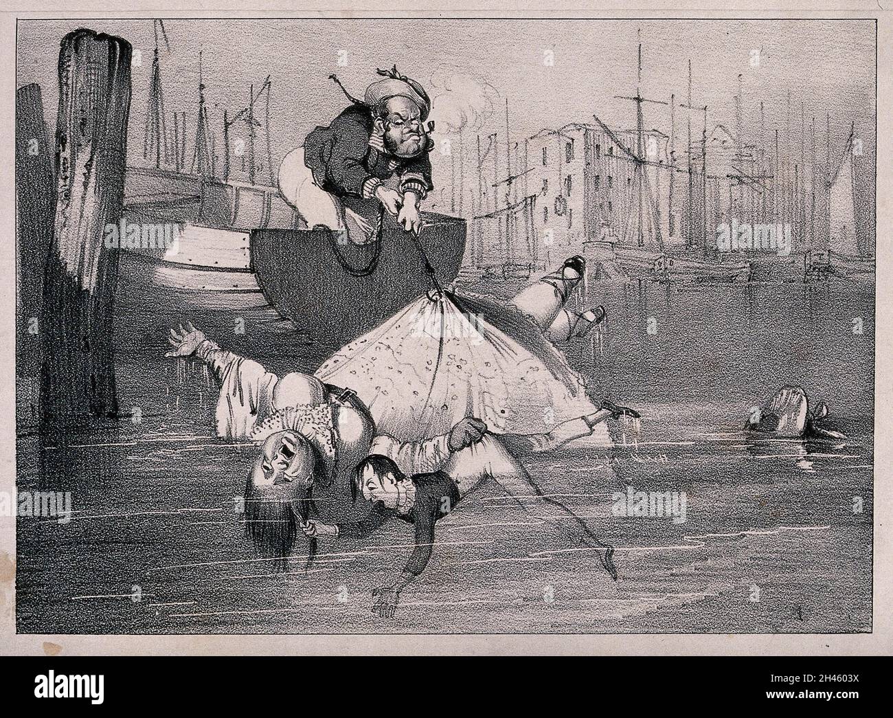 A sailor saving a large lady and a slim gentleman from drowning by ...